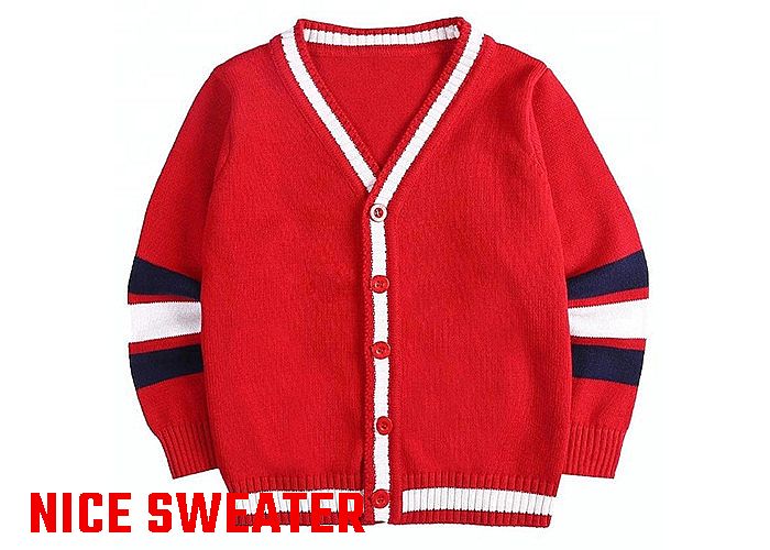 Children Knitted Girls Red School Cardigan Sweater Striped Sleeve Pattern